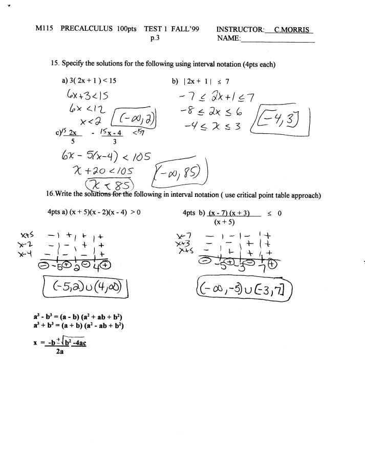 Math 115 Key for Fall 1999